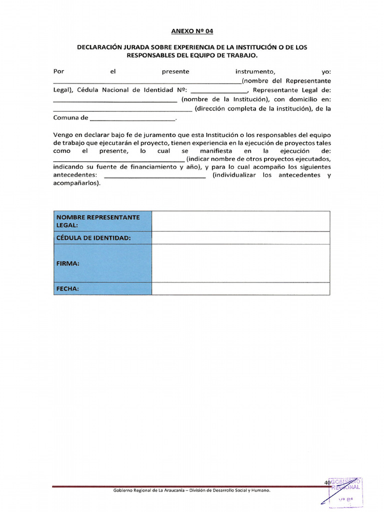 ANEXO 4. Declaracion Jurada Sobre Experencia de La Institucion o de Los Responsables Del Equpo ...