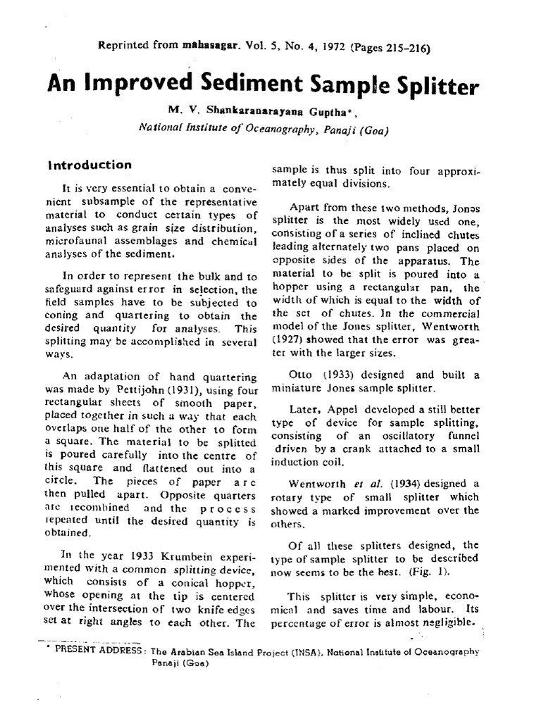 Guptha 1972 - An Improved Sediment Sample Splitter | PDF | Applied And ...