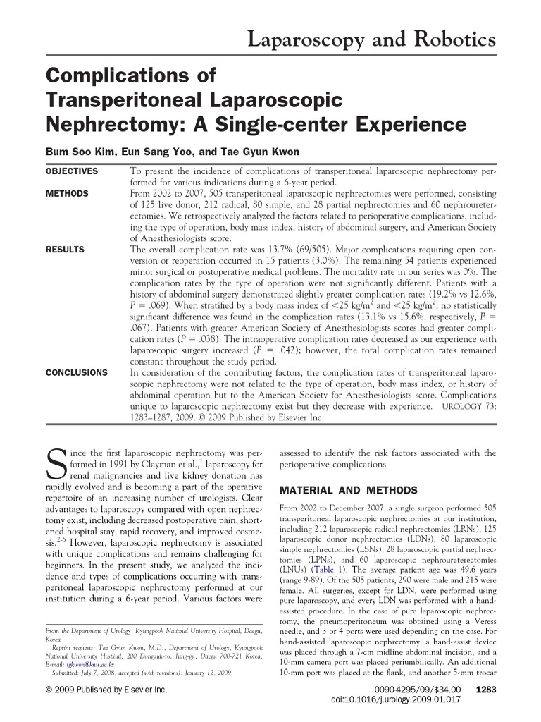 Complications of Transperitoneal Laparoscopic Nephrectomy A Single Center Experience - 2009 ...