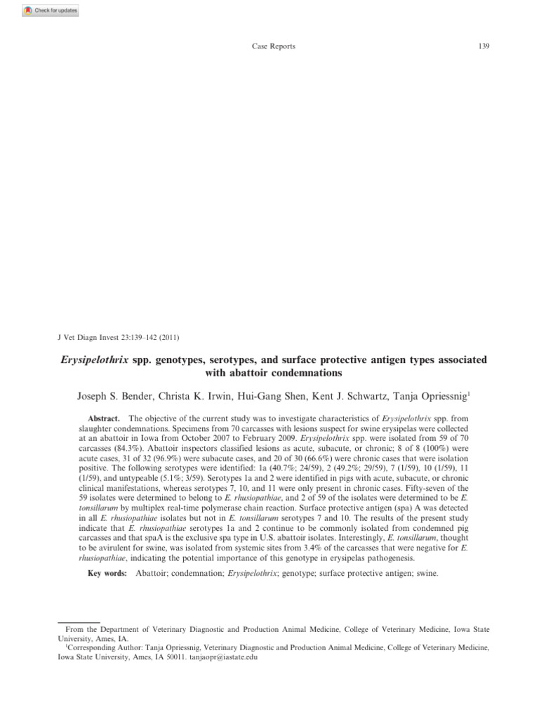 Erysipelothrix SPP Genotypes Serotypes and Surface Protective Antigen Types Associated With ...