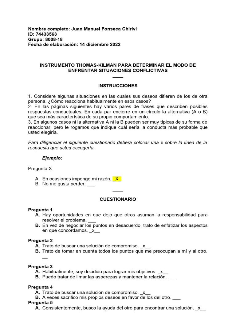 Cuestionario TKI Test Juan Manuel Fonseca | PDF