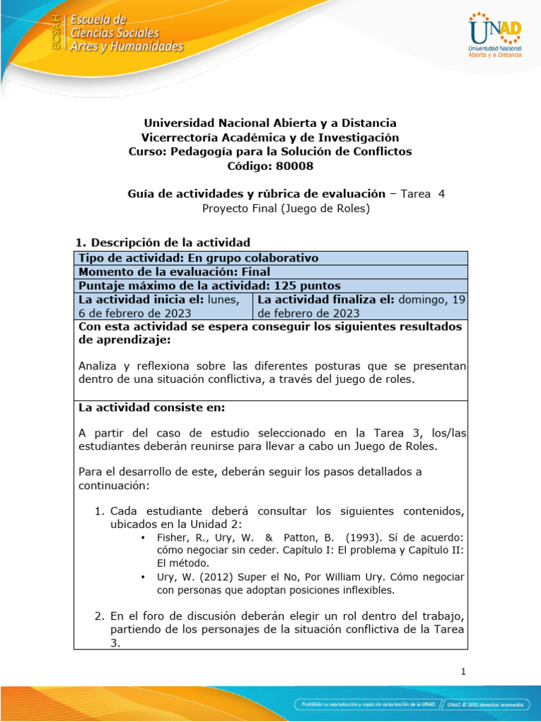 Guia Tarea 4 - Proyecto Final (Juego de Roles) | PDF | Evaluación | Juego de rol