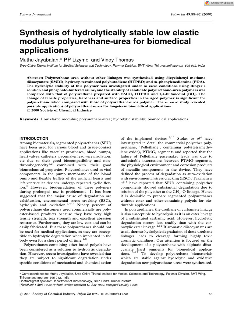 Polymer International - 2000 - Jayabalan - Synthesis of Hydrolytically Stable Low Elastic ...