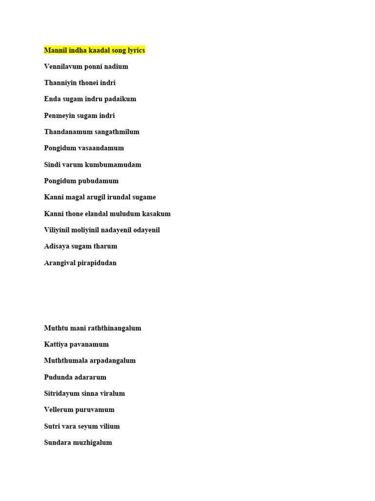 Mannil Indha Kaadal Song Lyrics | PDF | Art | Poetry