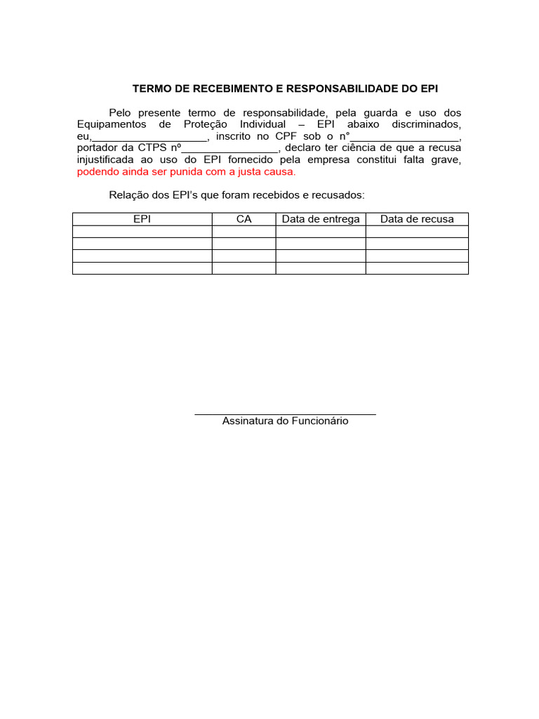 Termo de Recebimento e Responsabilidade Do Epi | PDF | Direito