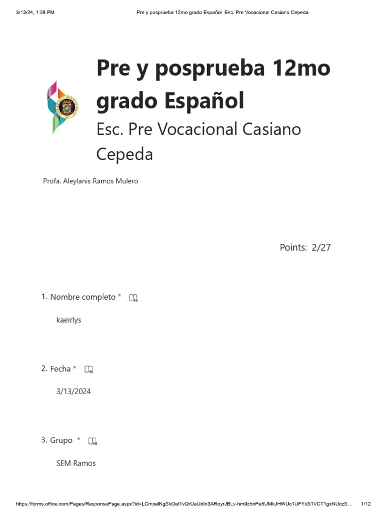 Pre y Posprueba 12mo Grado Español Esc. Pre Vocacional Casiano Cepeda ...