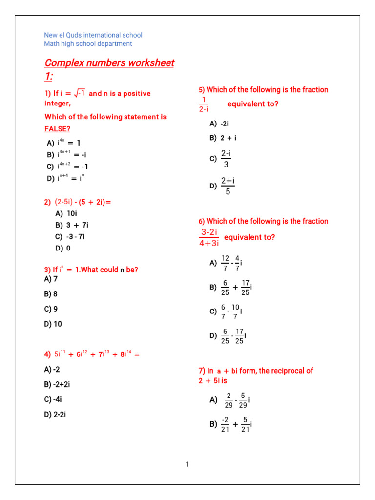 5 Complex Worksheet Pdf Numbers Discrete Mathematics