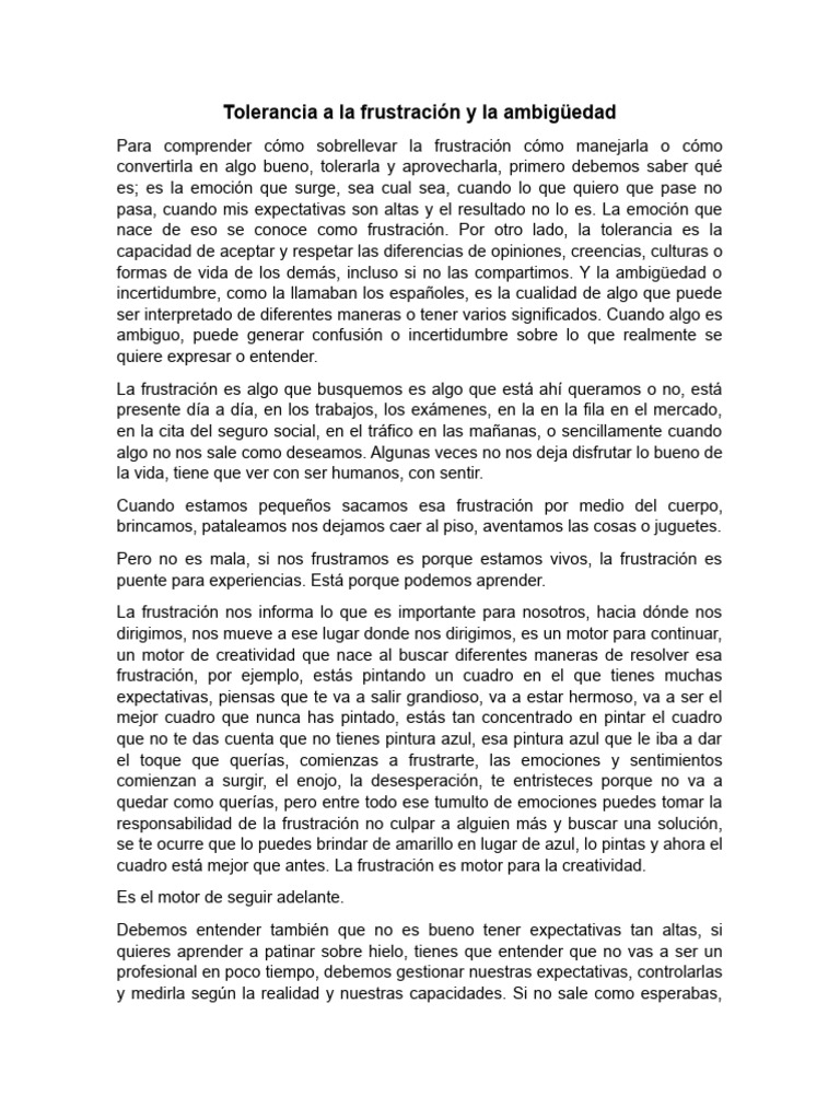 Tolerancia A La Frustración y La Ambigüedad | PDF | Tolerancia | Las emociones