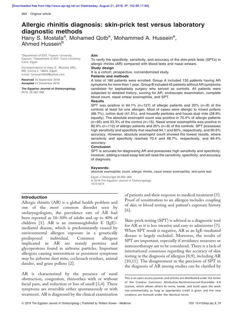 Allergic Rhinitis Diagnosis Skin-Prick Test Versus | PDF | Allergen ...