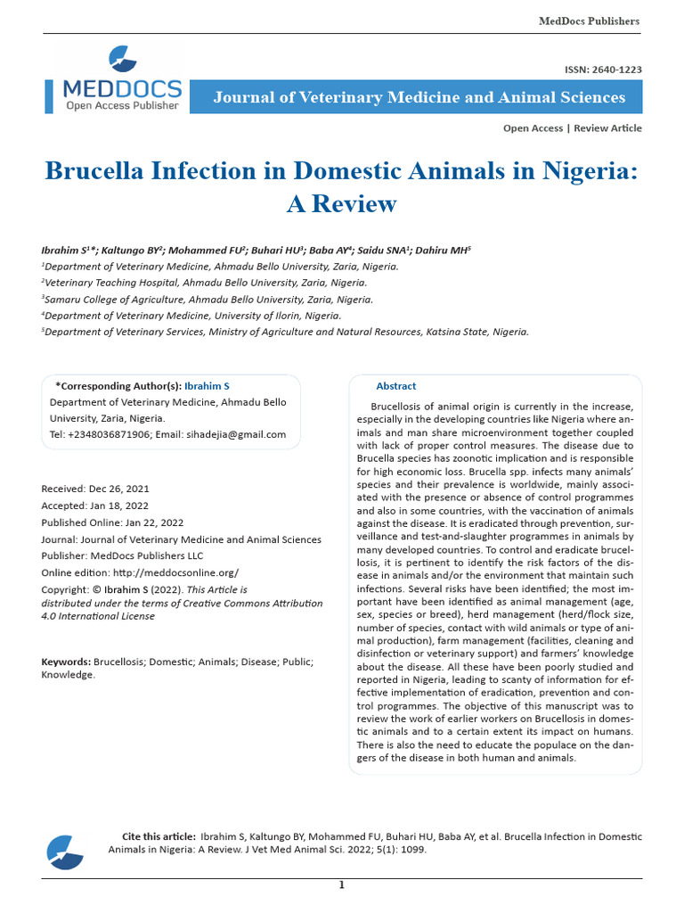 Brucella Infection in Domestic Animals in Nigeria A Review | PDF ...