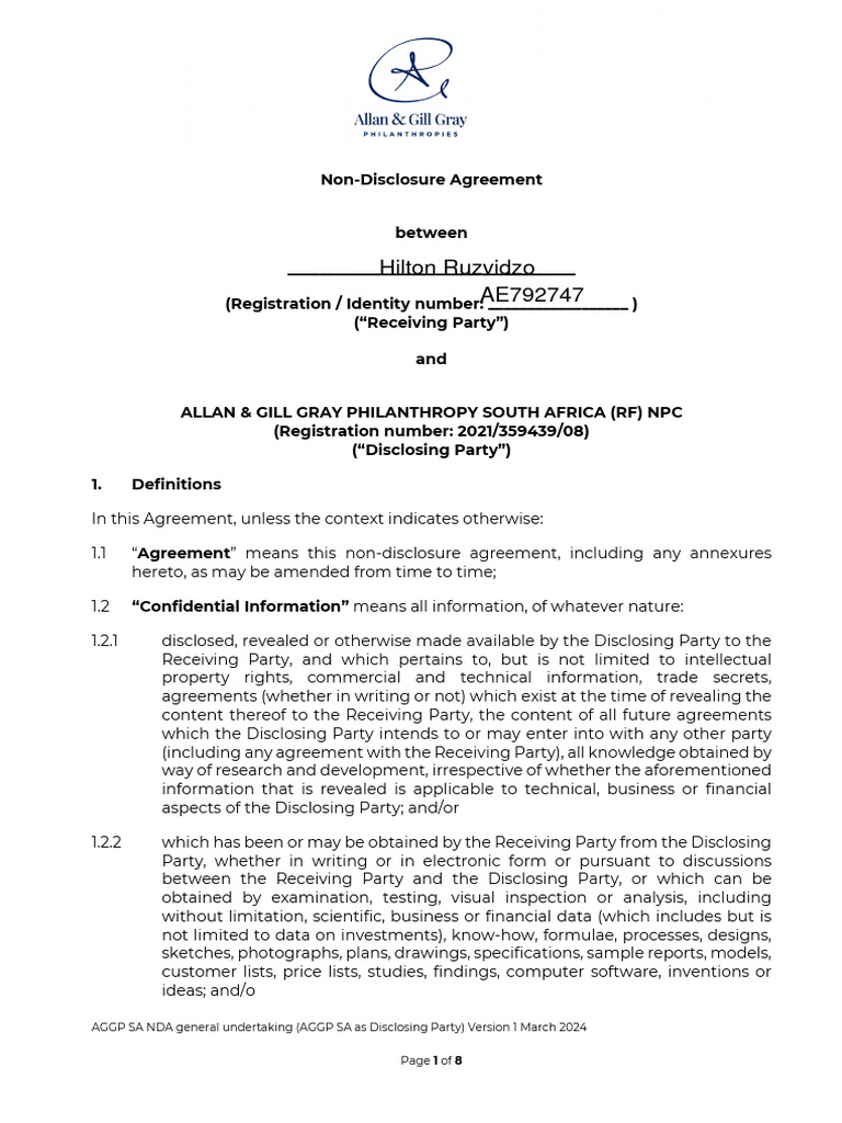 AGGP SA NDA Containing Data Protection Provisions (AGGP SA As ...