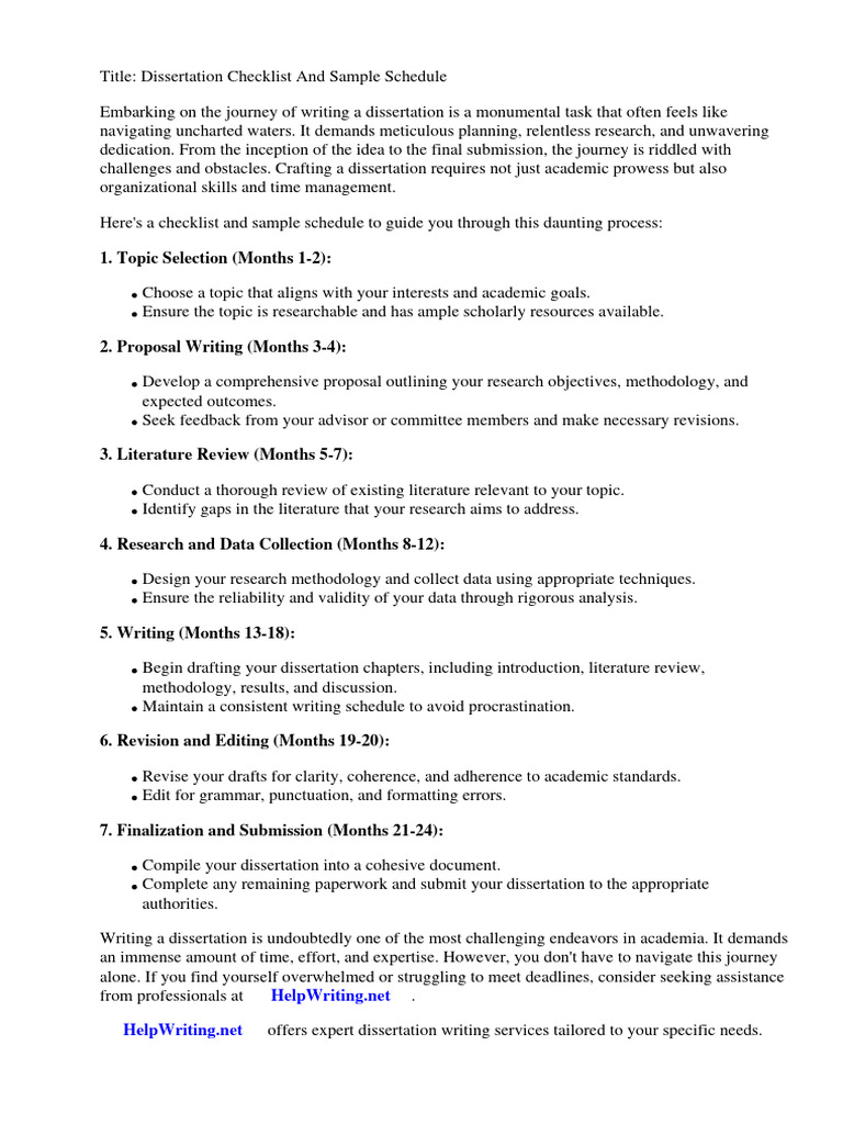 Dissertation Checklist and Sample Schedule | PDF | Thesis | Methodology