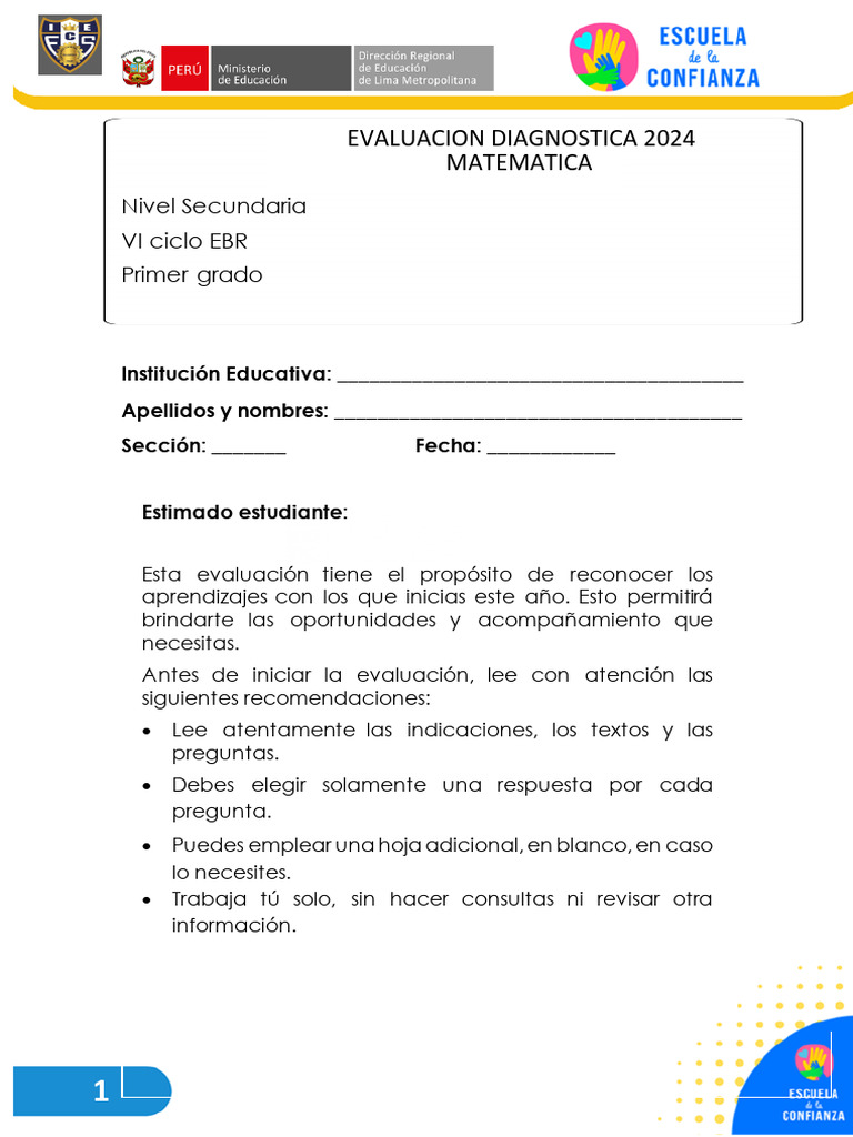 Prueba Diagnóstica de Matematica 1ero Sec-2024 | PDF
