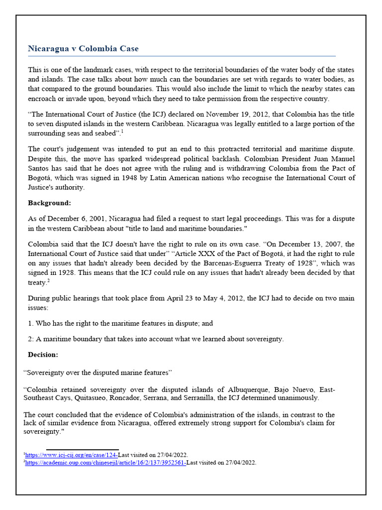 Nicaragua V Colombia Case | PDF | International Law | Government