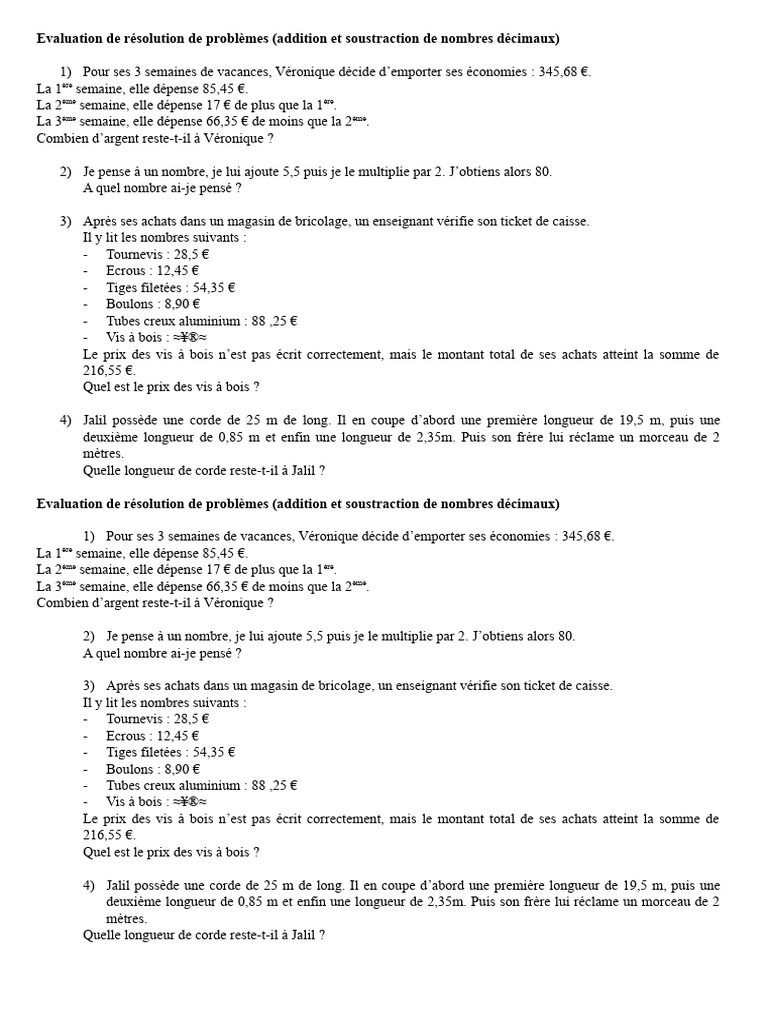 Evaluation de Résolution de Problèmes Addition Soustraction Nombres ...