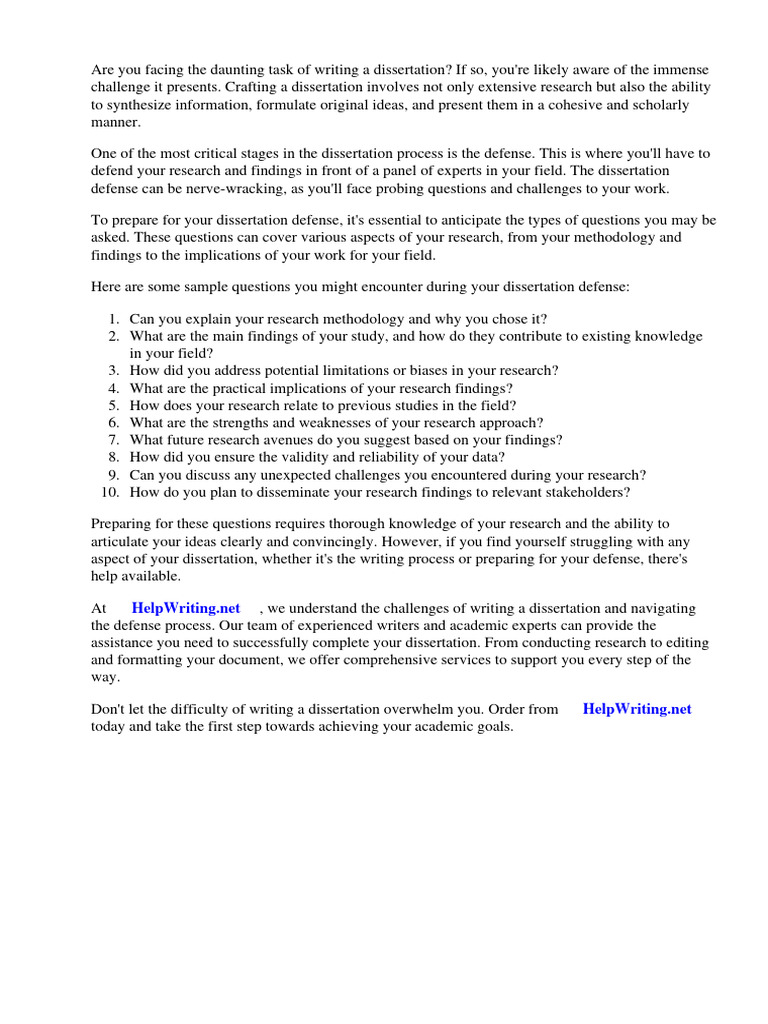 Sample Questions Dissertation Defense | PDF | Thesis | Methodology Sample Questions Dissertation Defense | PDF | Thesis | Methodology