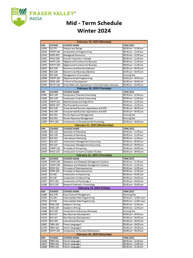 Mid-Term Schedule With Duration | PDF | Computing | Applied Mathematics