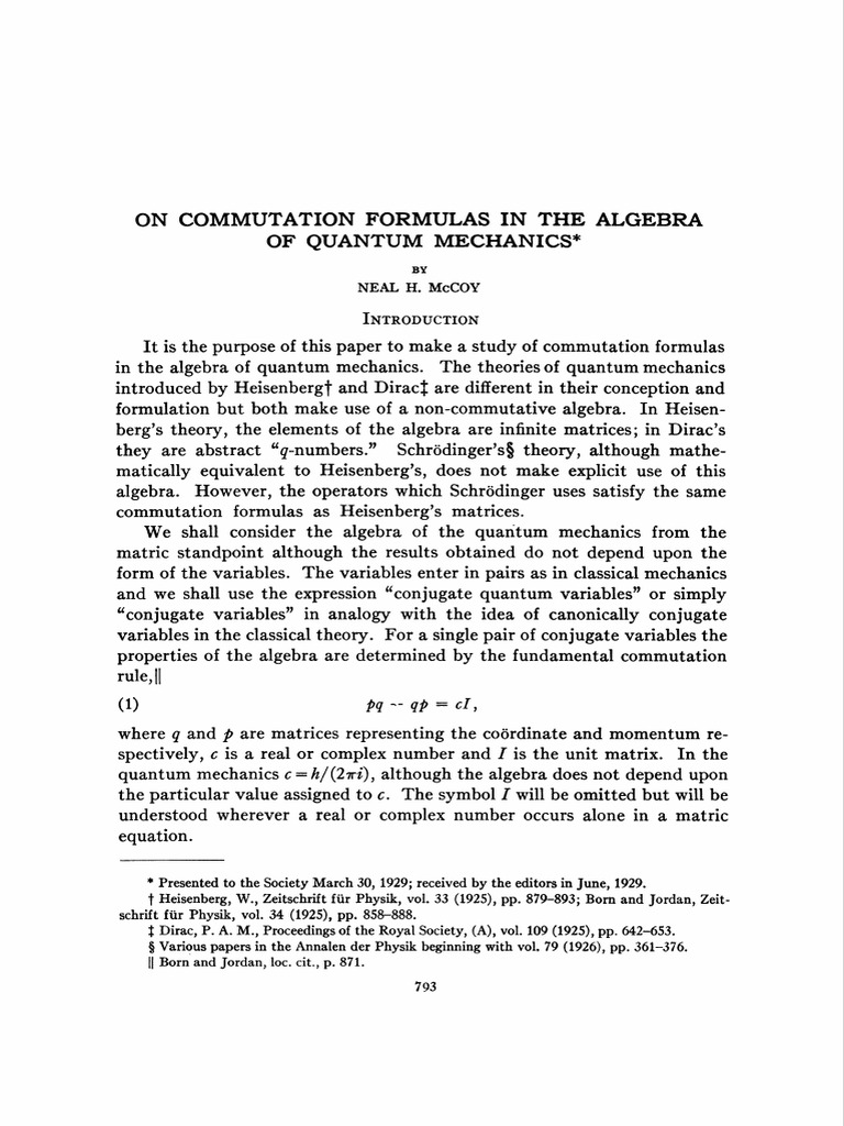 1929 On commutation formulas in the algebra of quantum mechanics | PDF ...