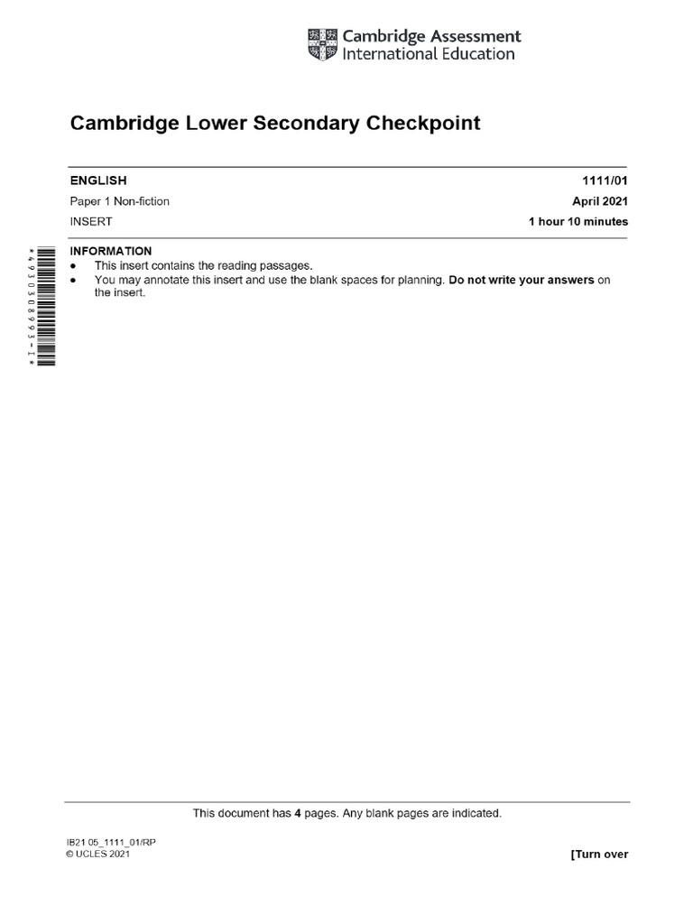 Cambridge Secondary Checkpoint - English (1111) April 2021 Paper 1 Non ...