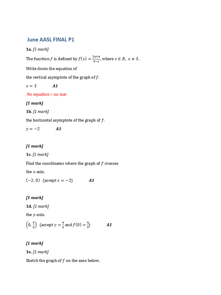 June AASL FINAL P1 Markscheme | PDF | Asymptote | Area