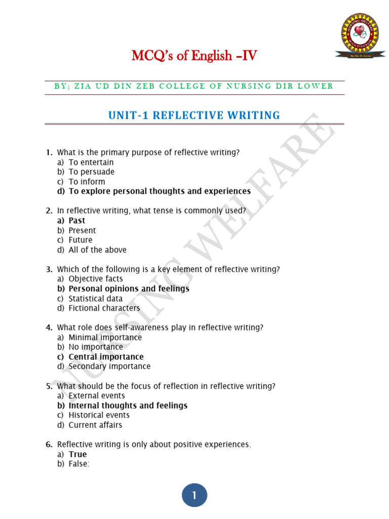 Reflective Writing MCQs for English IV | PDF | Evaluation | Reflective ...