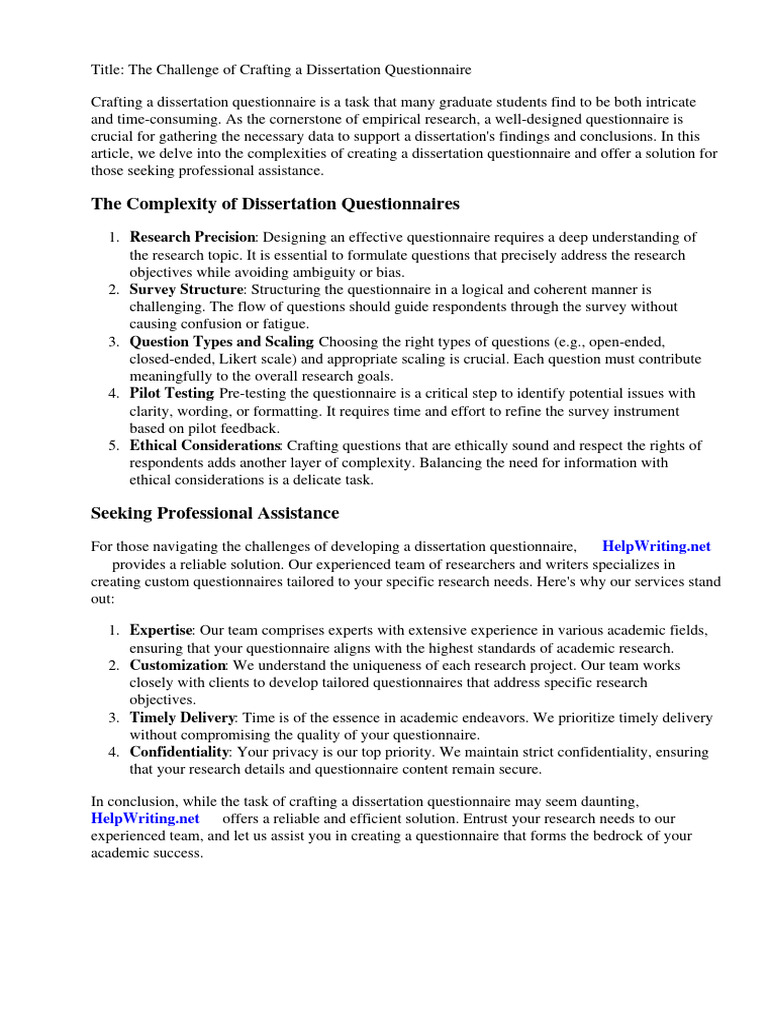 Example of A Dissertation Questionnaire | PDF | Thesis | Questionnaire