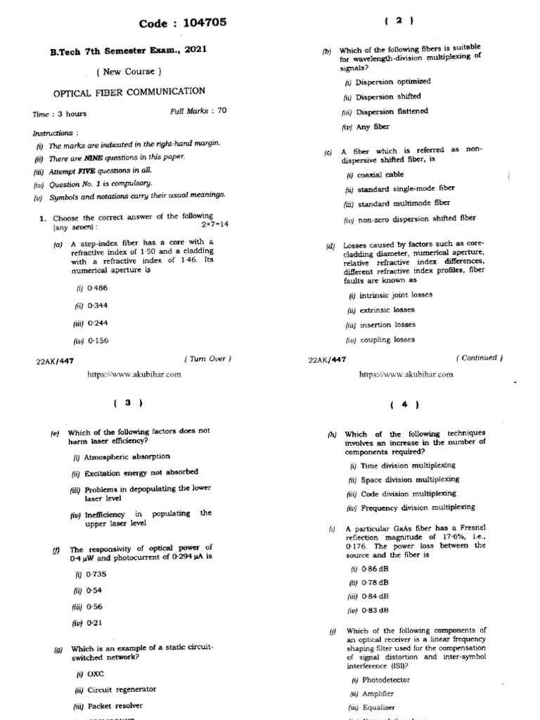 Btech 7 Sem Optical Fiber Communication 104705 2021 | PDF