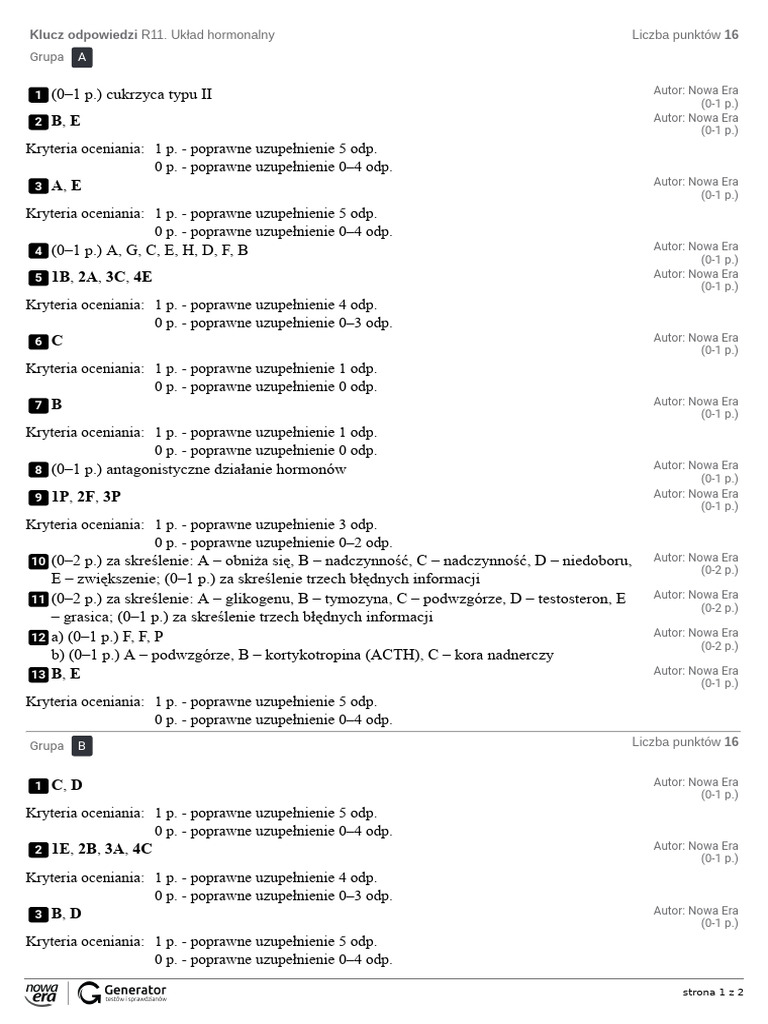 R11. Układ Hormonalny Klucz Odpowiedzi | PDF