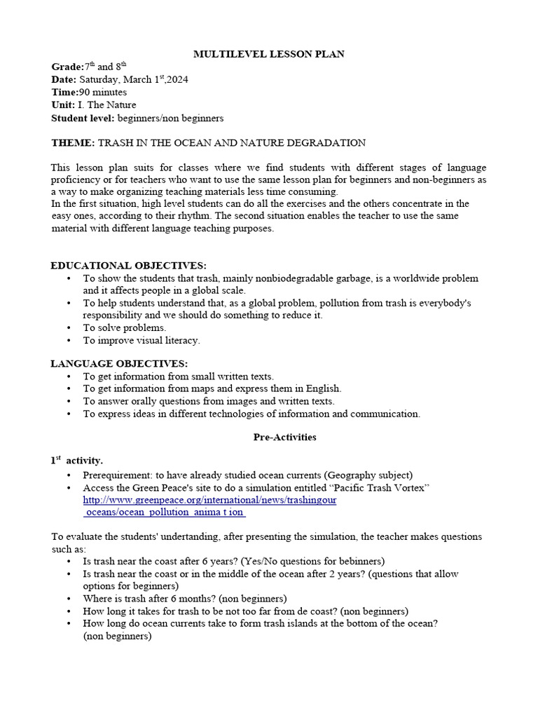 Multilevel Lesson Plan | PDF | Oceans | Lesson Plan