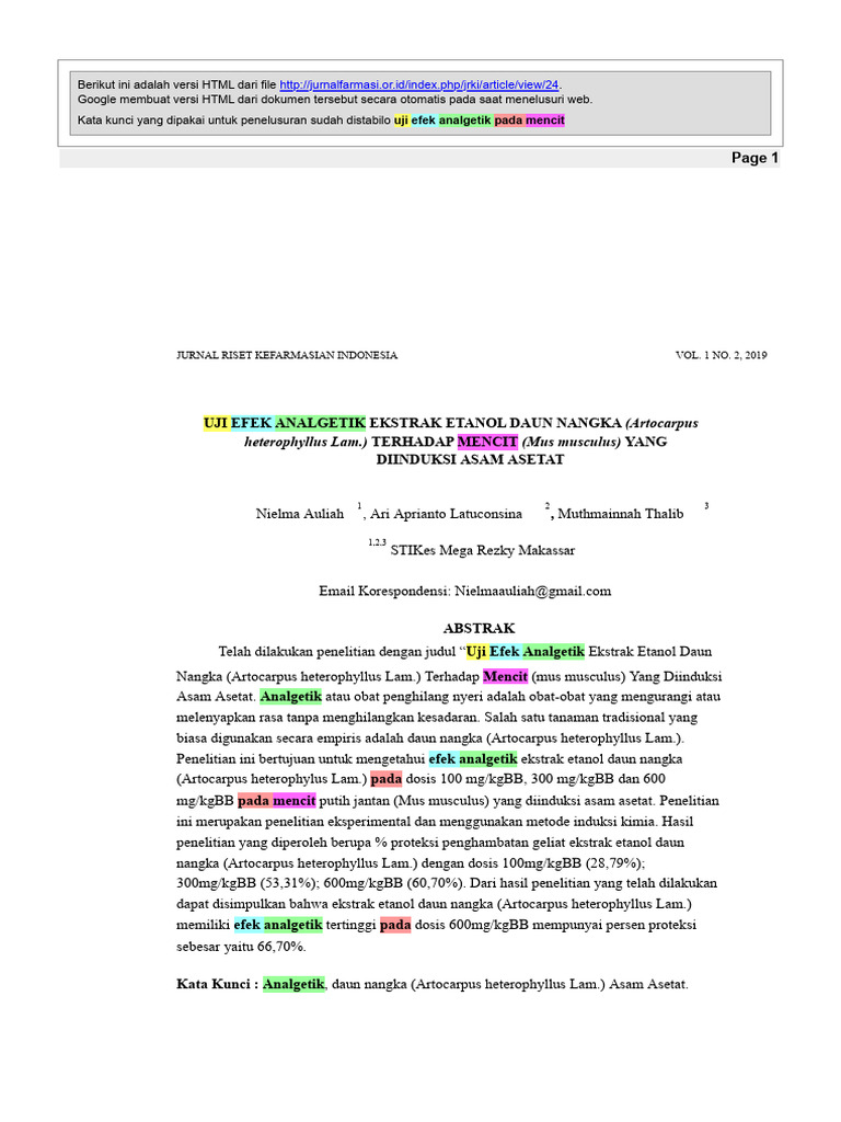 Uji Efek Analgetik Ekstrak Etanol Daun Nangka (Artocarpus Heterophyllus Lam.) Terhadap Mencit ...