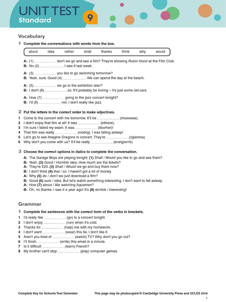 Unit Test 9: Complete Key for Schools | PDF | Languages | Foreign ...