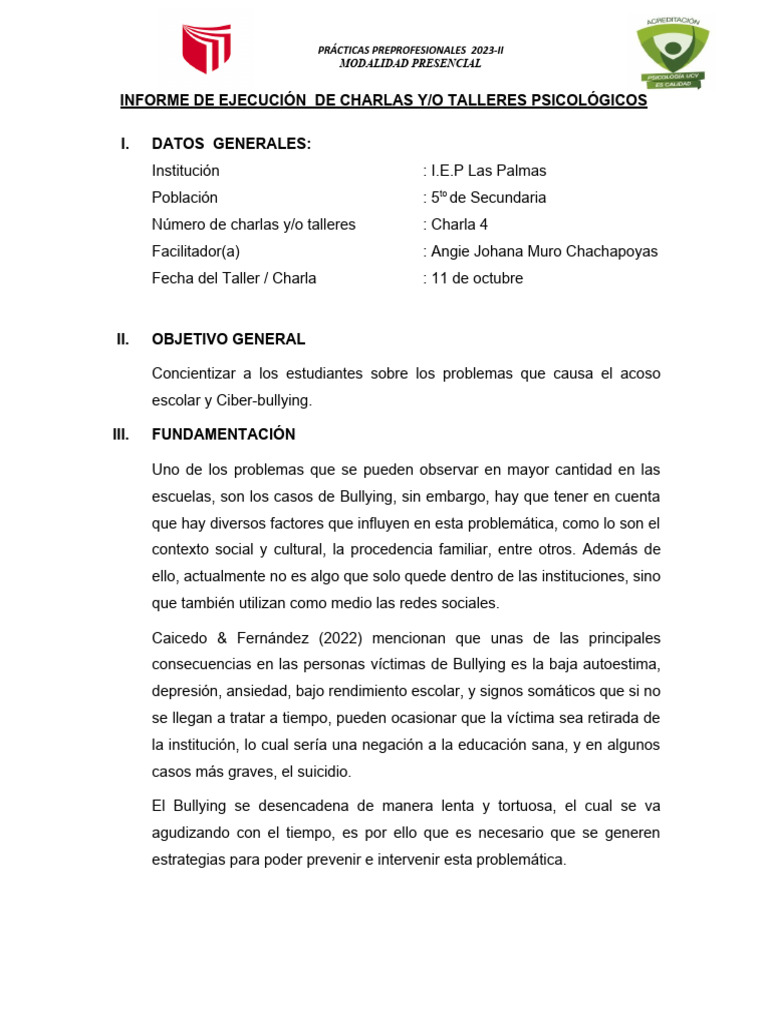 Informe de Ejecución de Charla 4 | PDF