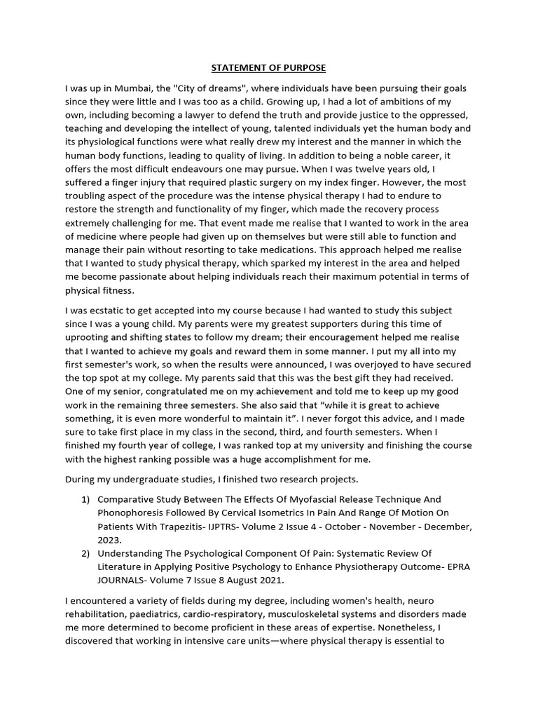 Statement of Purpose | PDF | Physical Therapy | Health Care