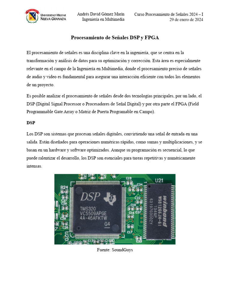 Procesamiento de Señales DSP y FPGA Andrés Gómez 1202331 | PDF | Arreglos de compuertas lógicas ...