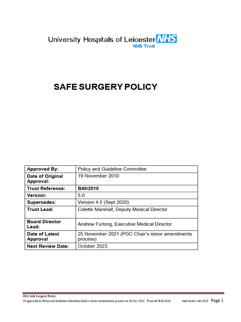 UHL Safe Surgery Policy Overview | PDF | Surgery | Anesthesia