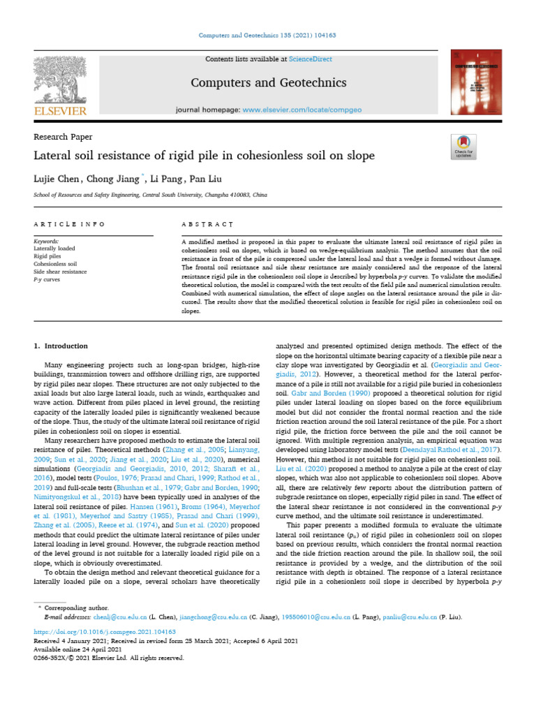 Lateral Soil Resistance of Rigid Pile in Cohesionless Soil On Slope ...