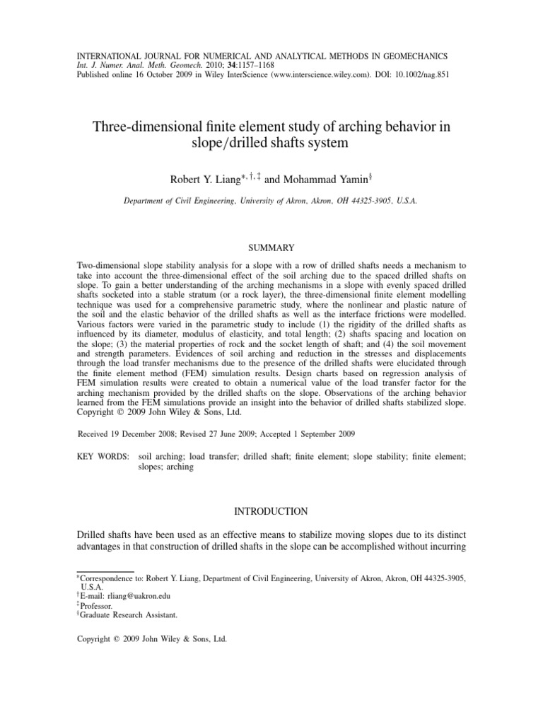Num Anal Meth Geomechanics - 2010 - Liang - Three Dimensional Finite Element Study of Arching ...