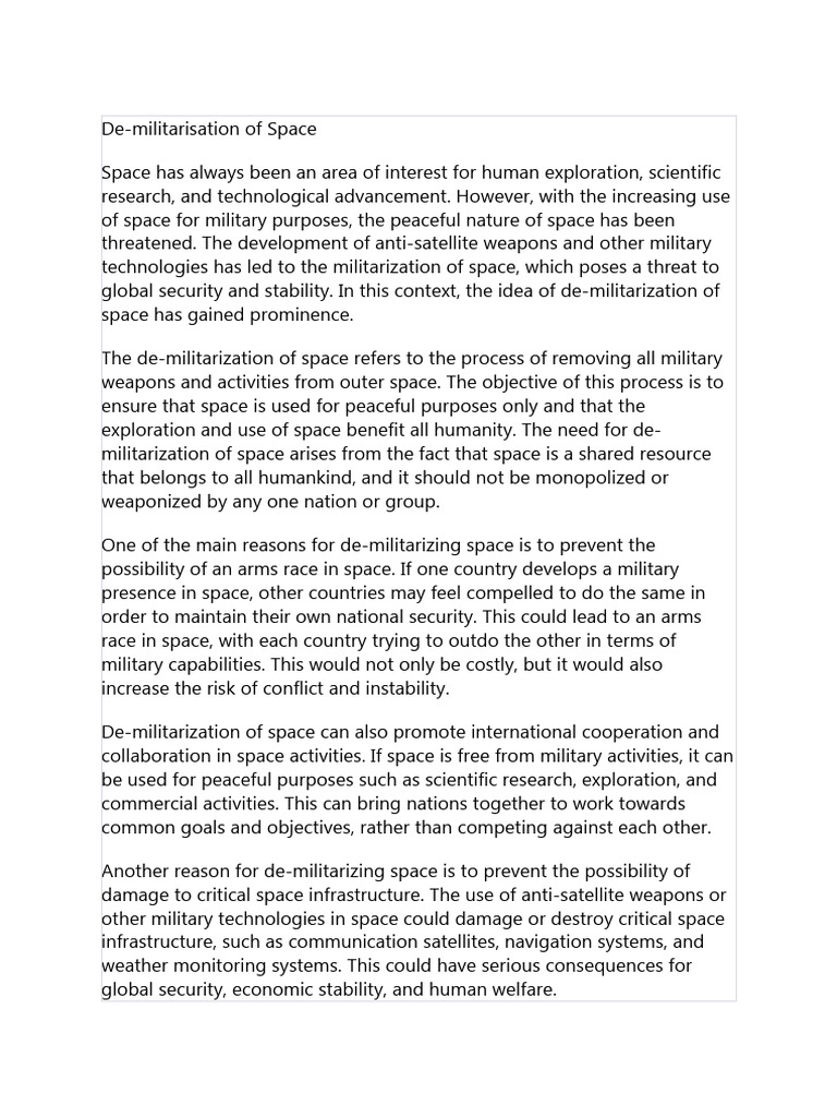 Demilitarisation of Space | PDF | Space | International Security