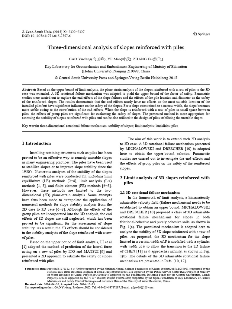 Three-dimensional Analysis of Slopes Reinforced With Piles | PDF | Applied And Interdisciplinary ...