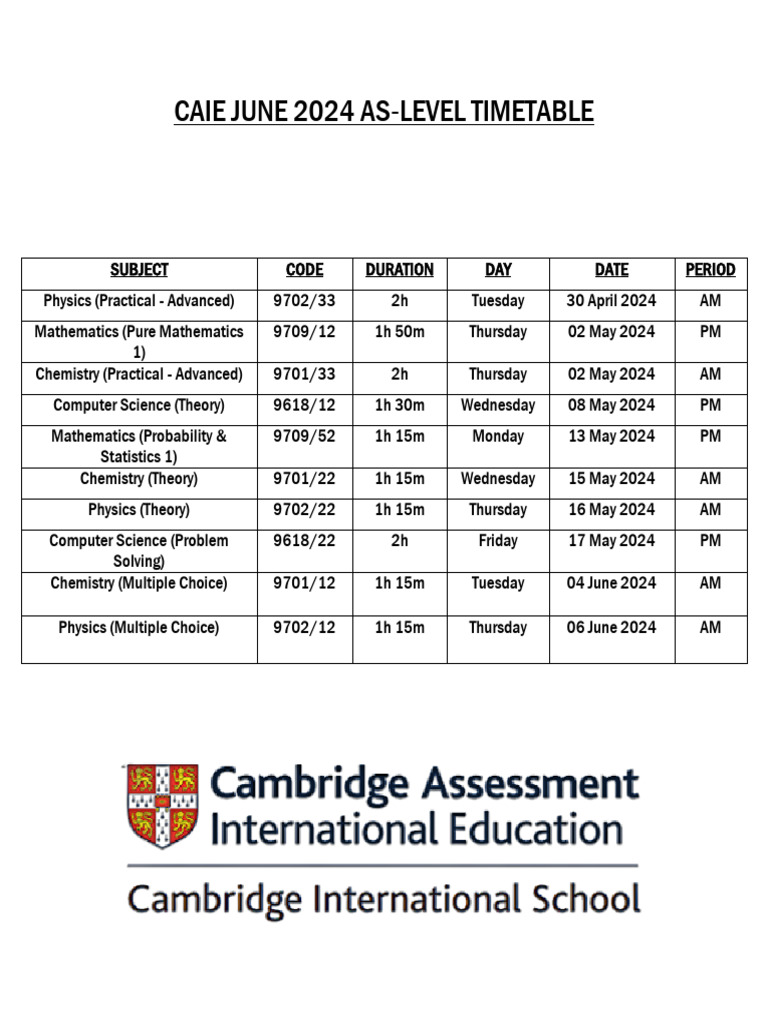 Cambridge AS-Level Exam Timetable 2024 | PDF