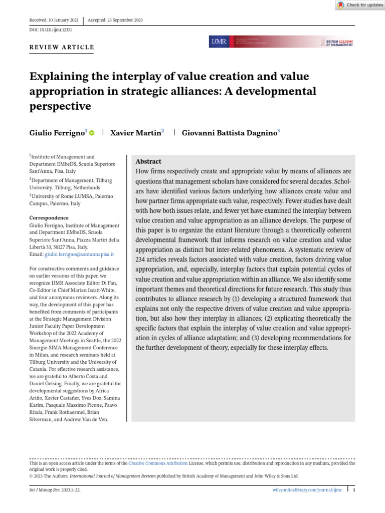 Int J Management Reviews - 2023 - Ferrigno - Explaining The Interplay of Value Creation and ...
