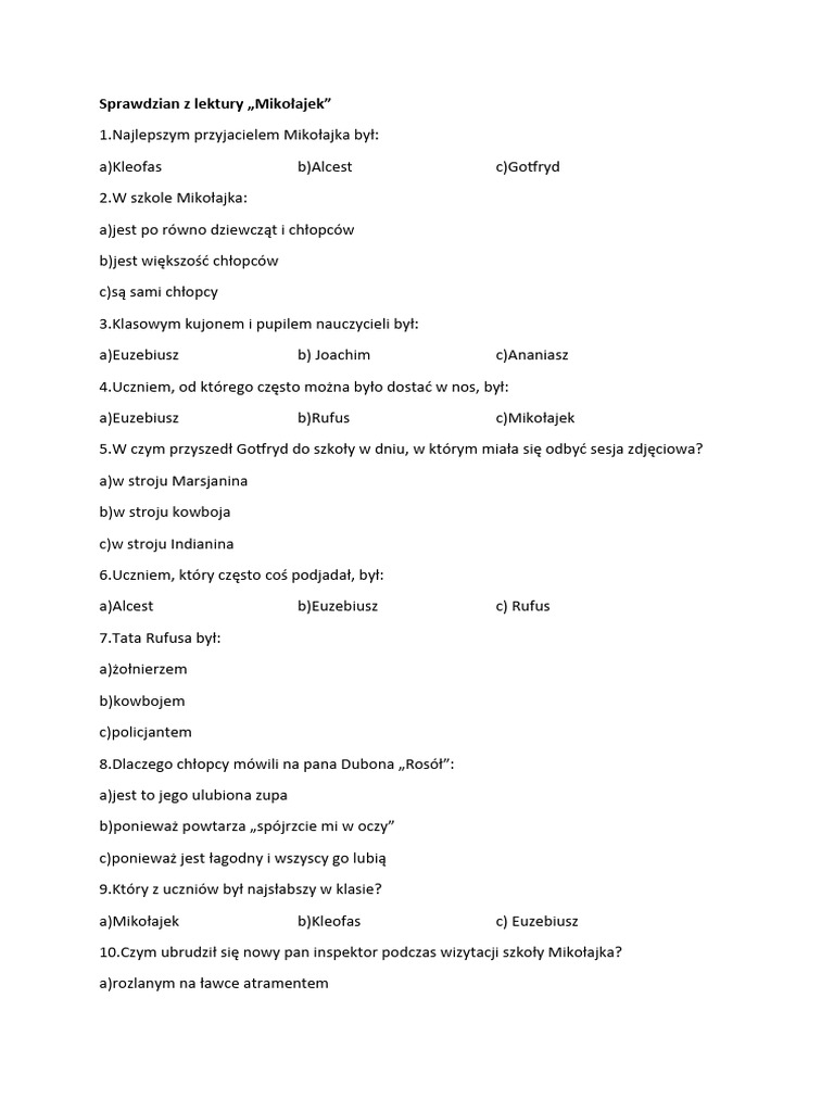 MIKOŁAJEK Sprawdzian Z Lektury | PDF