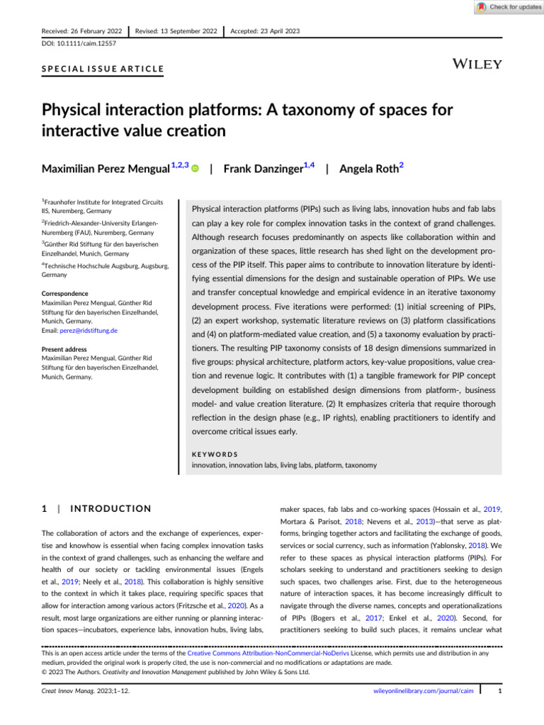 Creat Innov Manage - 2023 - Perez Mengual - Physical Interaction Platforms A Taxonomy of Spaces ...