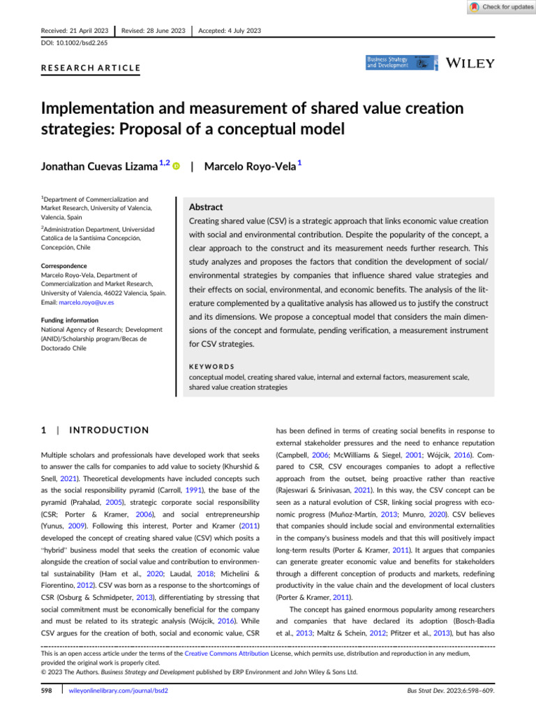 Bus Strat Dev - 2023 - Cuevas Lizama - Implementation and Measurement of Shared Value Creation ...