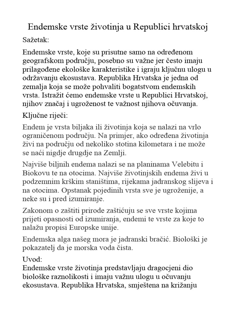 Endemske Vrste Životinja U Republici Hrvatskoj | PDF