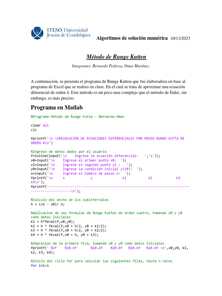 Bernardo - Omar Metodo Runge Kutten - Programa Matlab | Descargar gratis PDF | Análisis ...