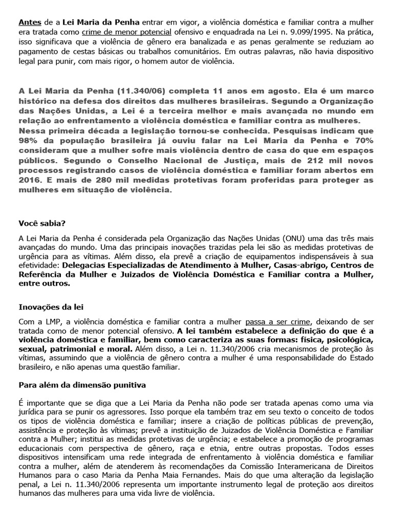 Resumo da Lei Maria da Penha | PDF | Violência doméstica | Violência