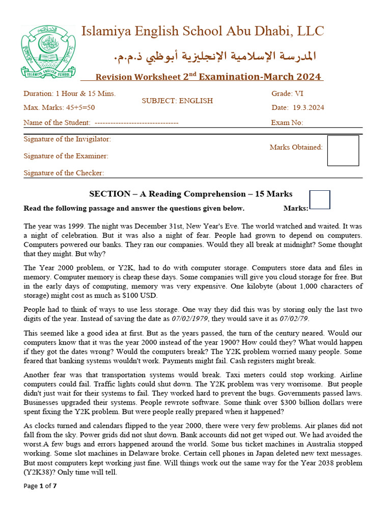 Gr._6_English_2nd_Term_Revision Worksheet_2023-24 | PDF | Verb | Adverb