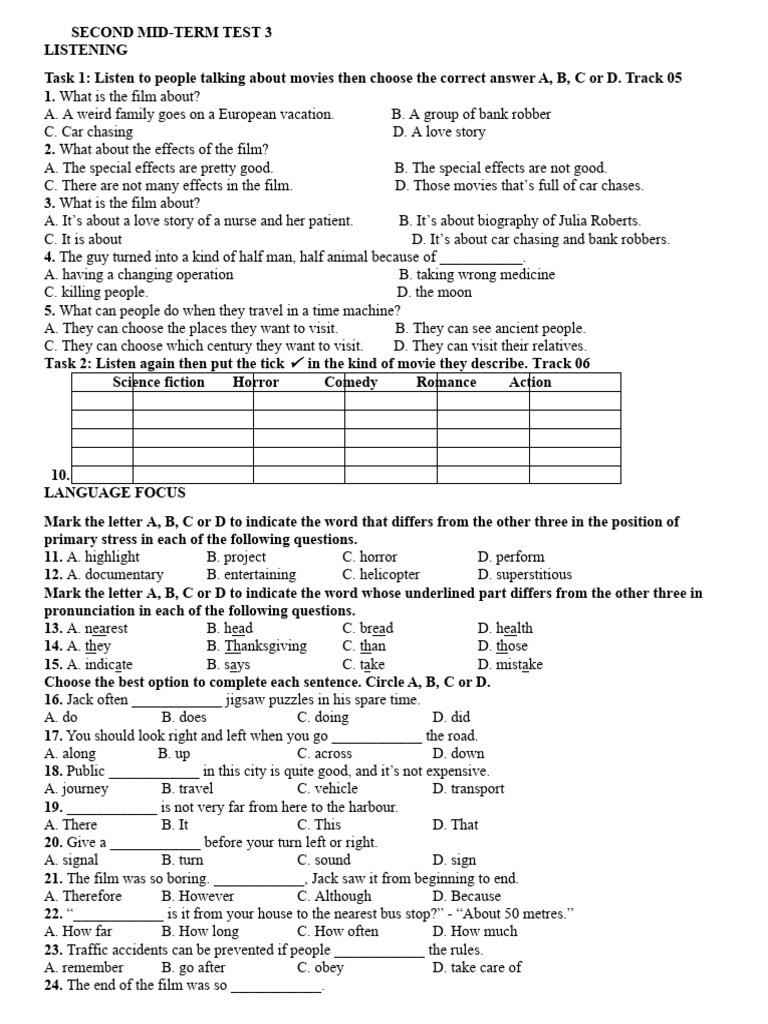 Mid-Term Test 3: Listening & Language Skills | PDF