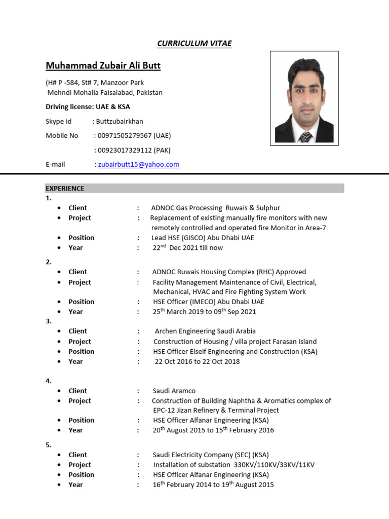 CV HSE Officer Zubair 23.08.16 | Download Free PDF | Occupational ...